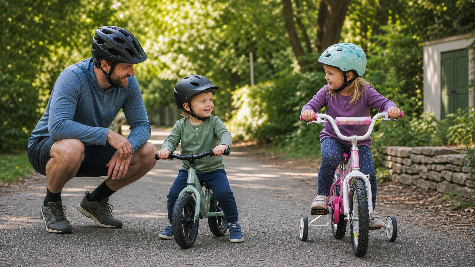A child rides a balance bike beside another small bike with training ...