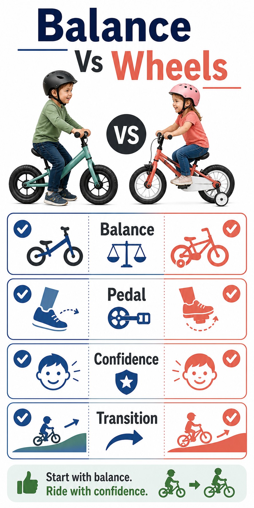 Vertical infographic comparing balance bikes and training wheels by ...
