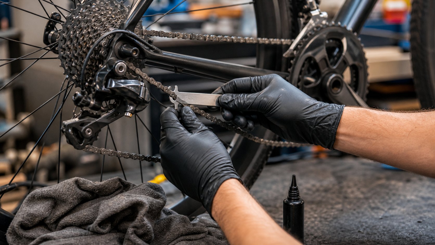 Bike drivetrain being checked with a chain wear tool in a workshop.