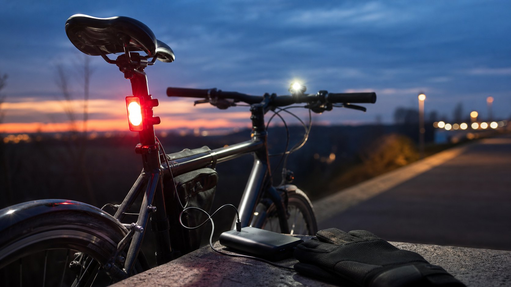 Commuter bike at dusk with front and rear lights, spare battery pack ...